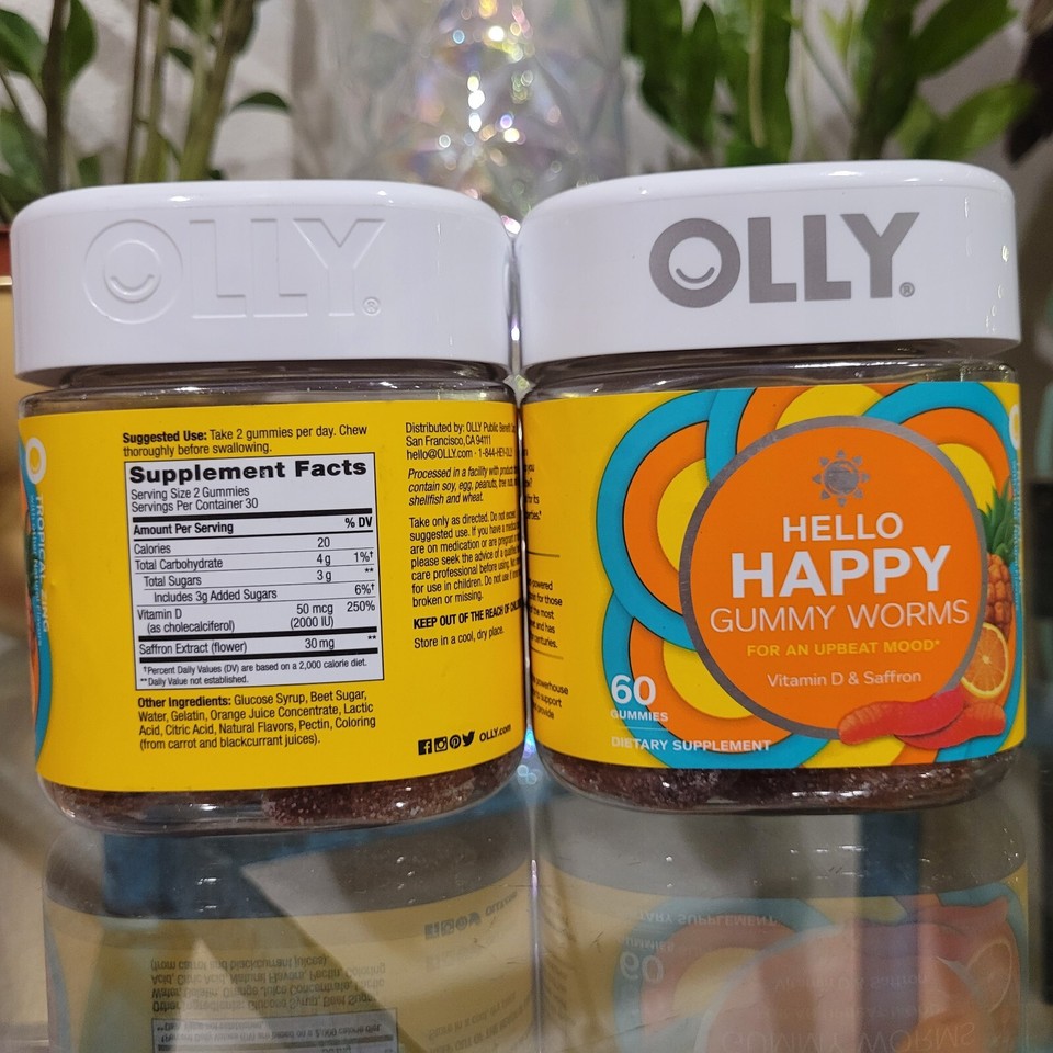 2 OLLY Hello Happy Gummies Worms Mood Balance Support Tropical Zing ...