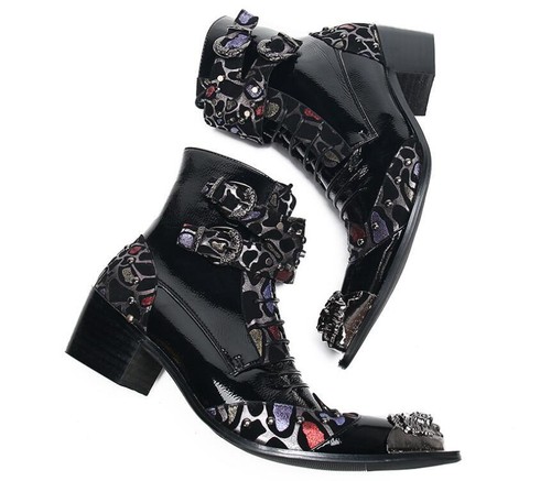 Men's New Fashion Metal Head Pointy Toe Buckle Strap Ankle Boots Punk ...