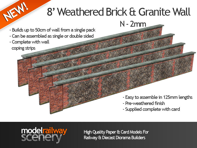 PRE-CUT 8ft STONE & BRICK WALL CARD KIT- N GAUGE / 2MM SCALE FOR MODEL ...