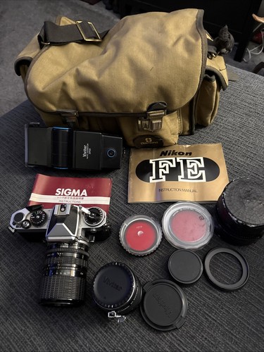 Nikon FE Film Camera with 2 lenses, case, and strap Flash Kit And Red ...
