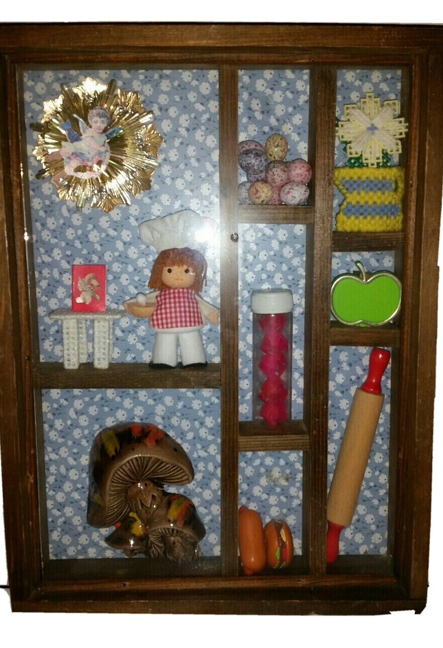 Vtg 70s Wood Glass Wall Shadow Box Kitchen Chef Merry Mushroom Paper ...
