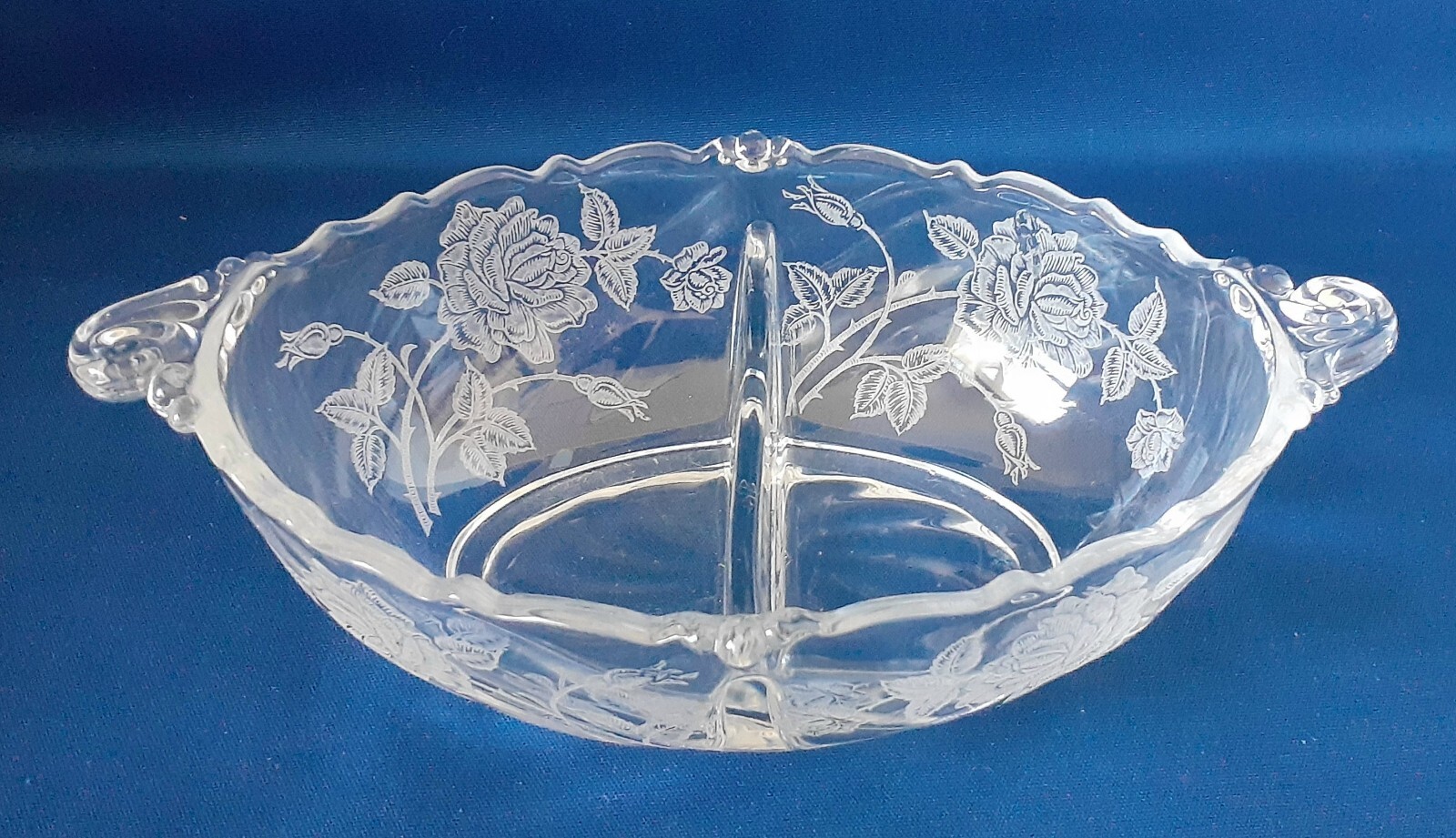 Heisey Etched Rose Pattern Divided Clear Glass Dressing Bowl Made In ...