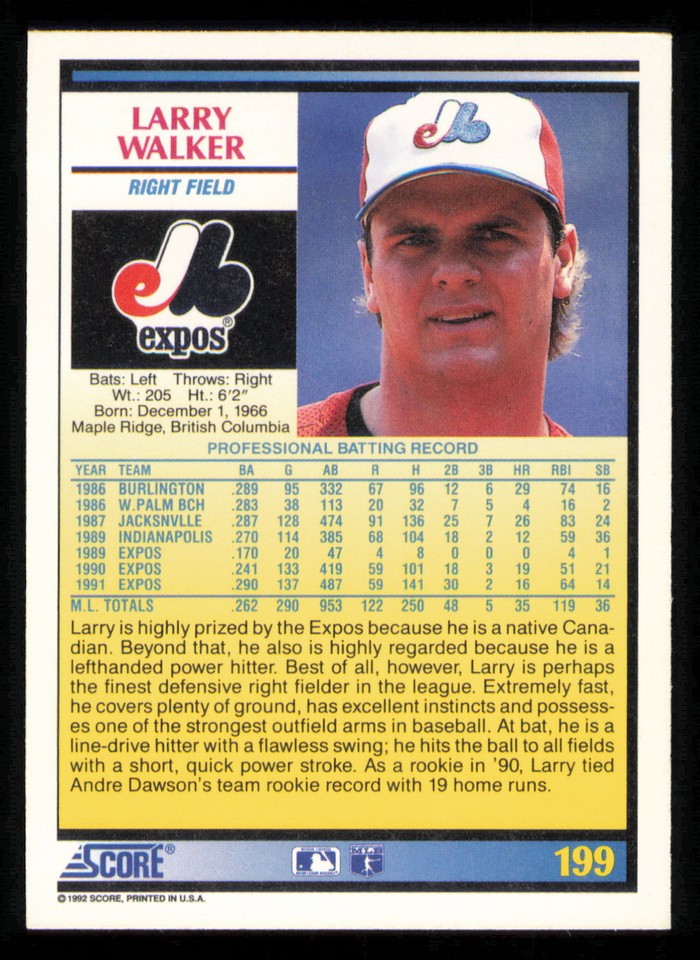 1992 Score #199 Larry Walker | eBay