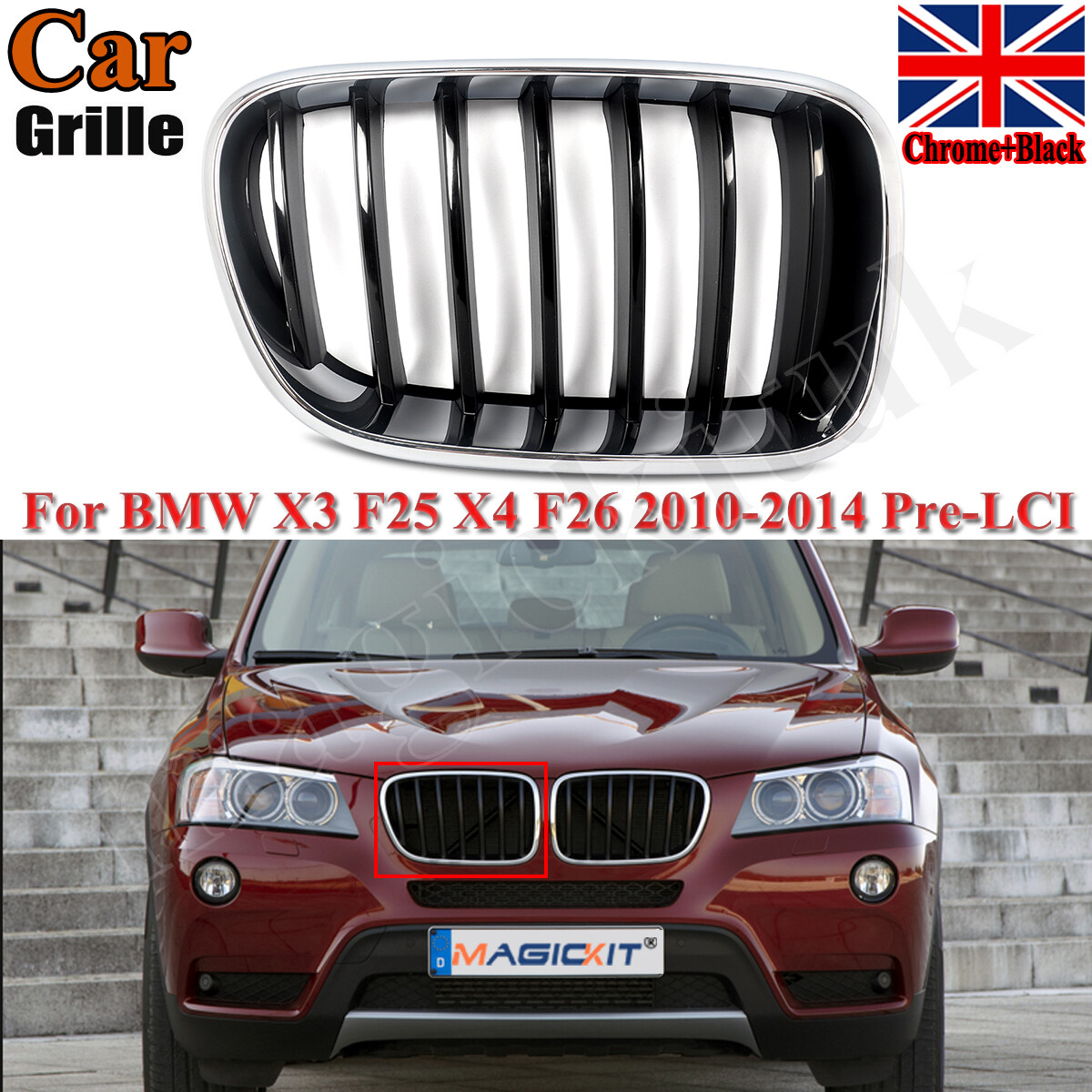 FOR BMW F25 X3 F26 X4 2010-14 CHROME+BLACK FRONT KIDNEY GRILLE GRILL ...