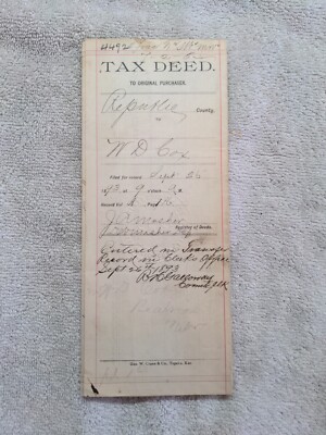 1893 Tax Deed Parcel Land 1890s Gage County Nebraska | eBay