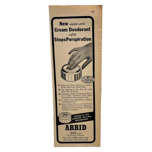 Arrid Cream Deodorant Vintage Mini Print Ad 40s StopsPerspiration ...