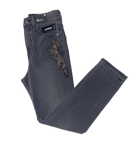 Express Slim Super High Rise Jeans Gray Denim Stretch Embellished | eBay
