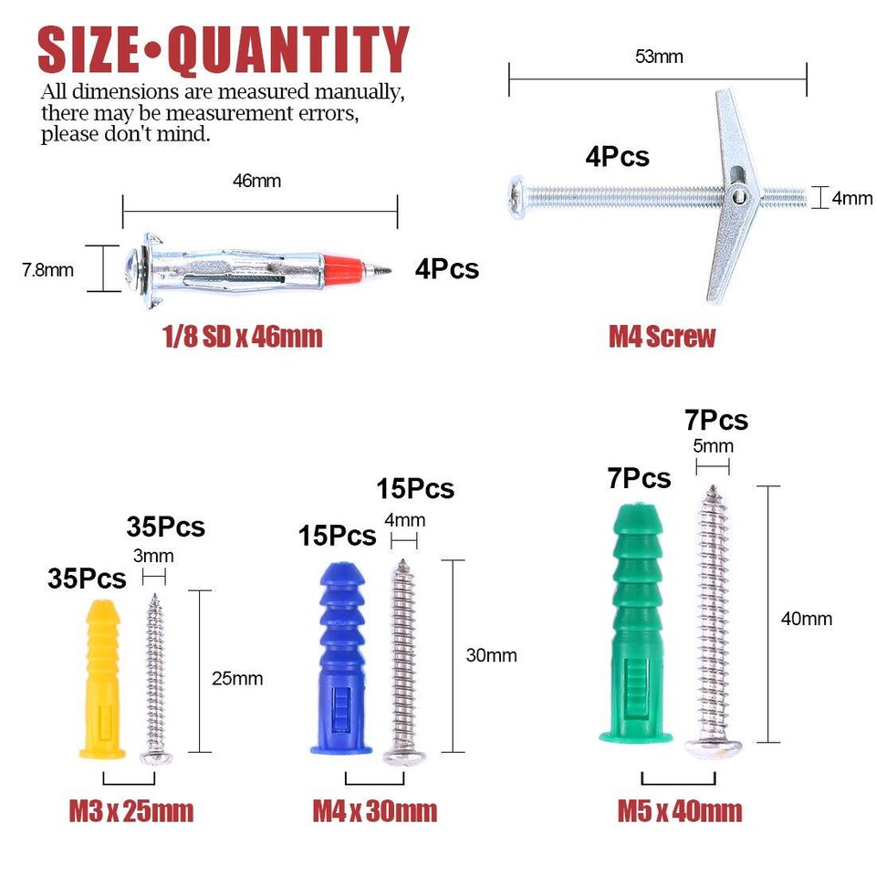 122 Piece Plastic Self Drilling Drywall Anchors Molly Bolts Screws Kit ...