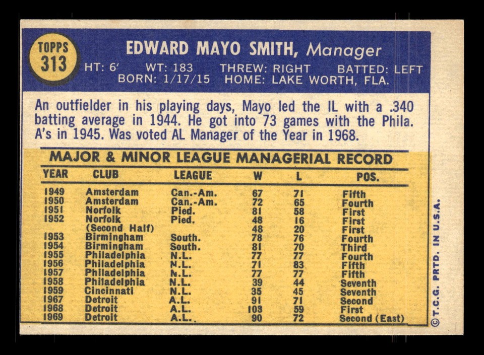 Mayo Smith 1970 Topps #313 Detroit Tigers Ex | eBay