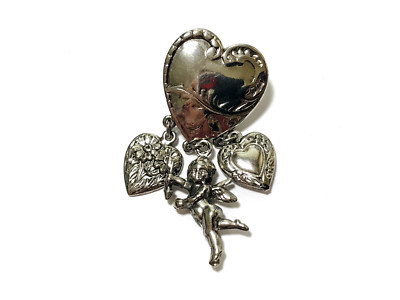 VINTAGE WOMENS LAPEL PIN CHRISTIAN ANGEL HEARTS CUPID SILVER TONE ...