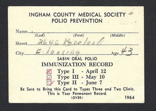 1964 Ingham Count Medical Society Polio Prevention Imunization Record ...