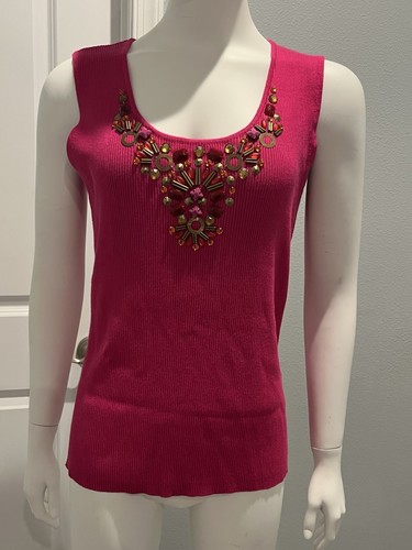 RUBY RD PINK FUCHSIA TANK BEADED NECKLINE RIBBED SLEEVELESS KNIT SIZE ...