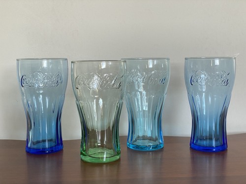 Set Of 4 Coca Cola Coke Glasses 6 In Cobalt Blue Aqua Light Green ...