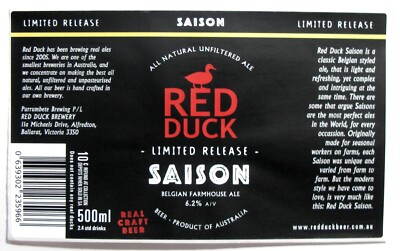 Red Duck Brewery SAISON beer label- Alfredton AUSTRALIA 500ml STiCKER ...
