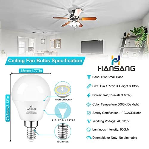 E12 LED Bulb, Daylight 5000K, 60 Watt Equivalent Ceiling Fan Light ...