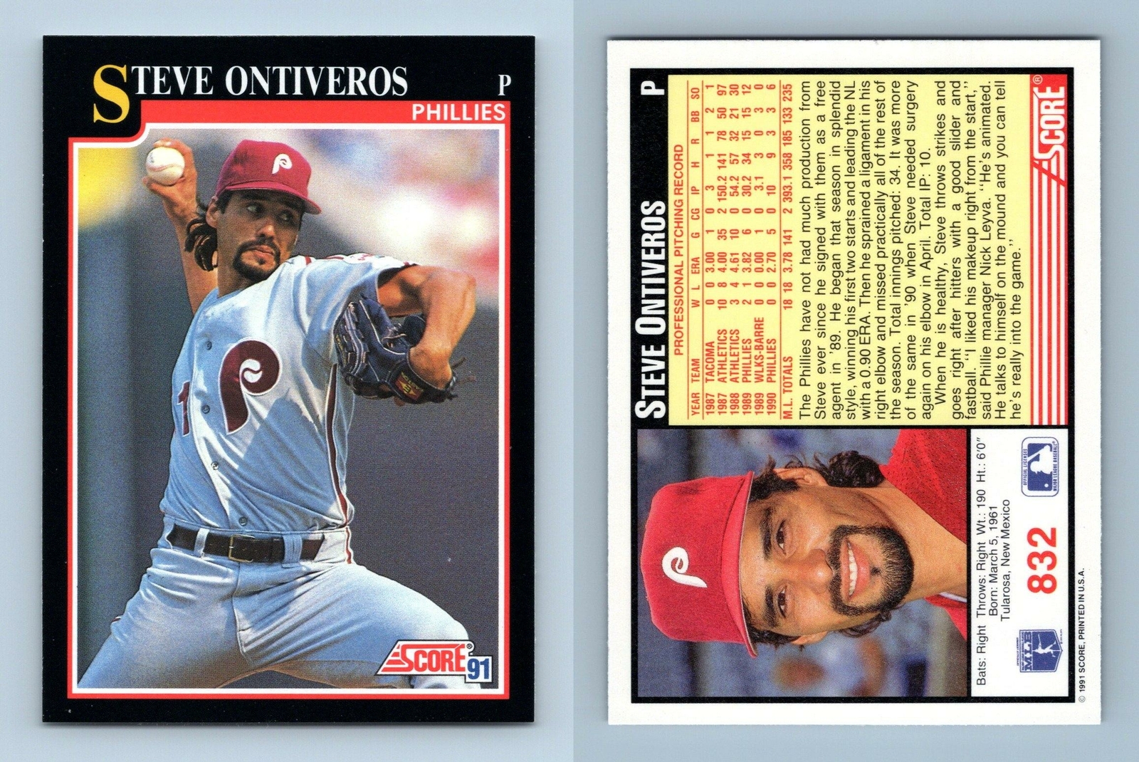 Steve Ontiveros - Phillies #832 Score 1991 Baseball Trading Card | eBay