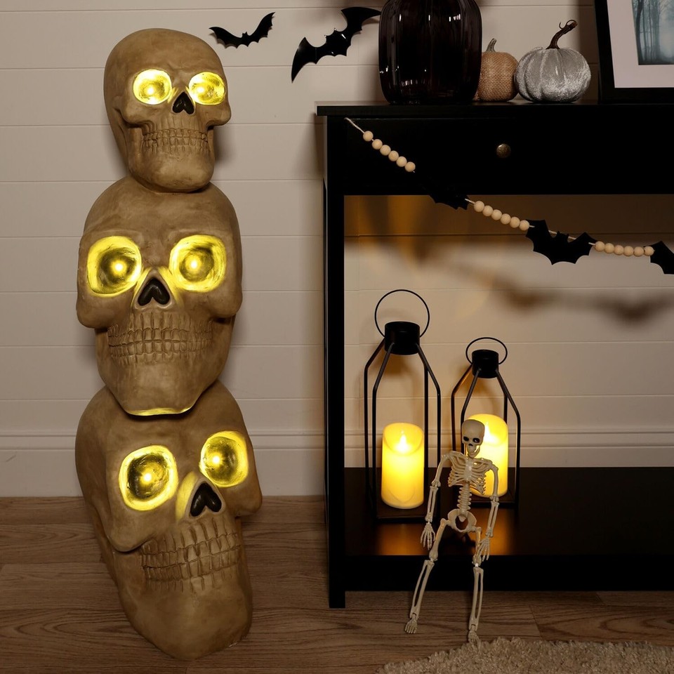 Haunted Hill Farm 37-in. MGO Skull Stack Statue with LED Eyes, 3 Skull Halloween | eBay
