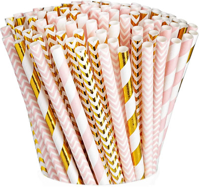 Light Pink & Gold Biodegradable Straws Disposable Paper Straws, 200 ...