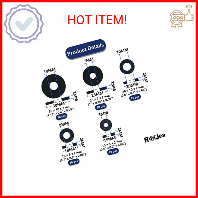 100 Pcs Flat Rubber Washers Assortment Kit: RonJea Black Rubber Flat ...
