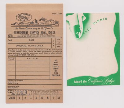 California Zephyr Gov. Meal Check & early dinner card set 1949-1970 | eBay