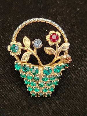 Vintage multicolor rhinestone flower basket gold tone brooch | eBay