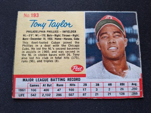 1962 Post Cereal Baseball Card # 193 Tony Taylor - Philadelphia ...