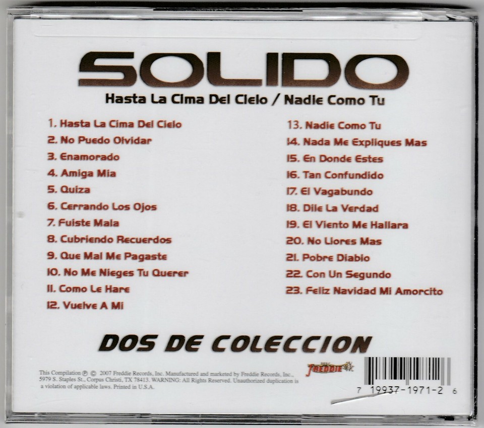 *SOLIDO-"Dos de Coleccion" (Hasta La Cima Del CIelo) Tejano CD is ...