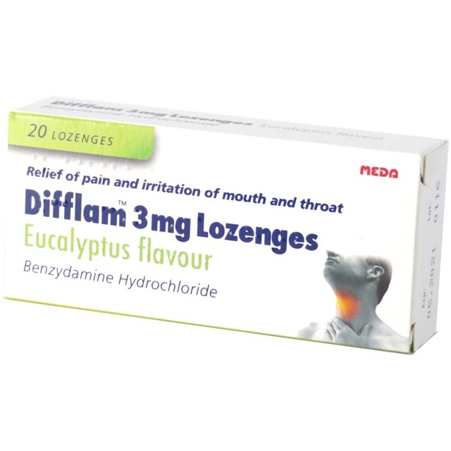 2 X Difflam 3mg 20 Lozenges Eucalyptus Flavour Benzydamine ...