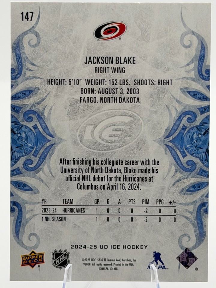 Jackson Blake Rookie RC 2024-25 Upper Deck Ice #147 Carolina Hurricanes ...