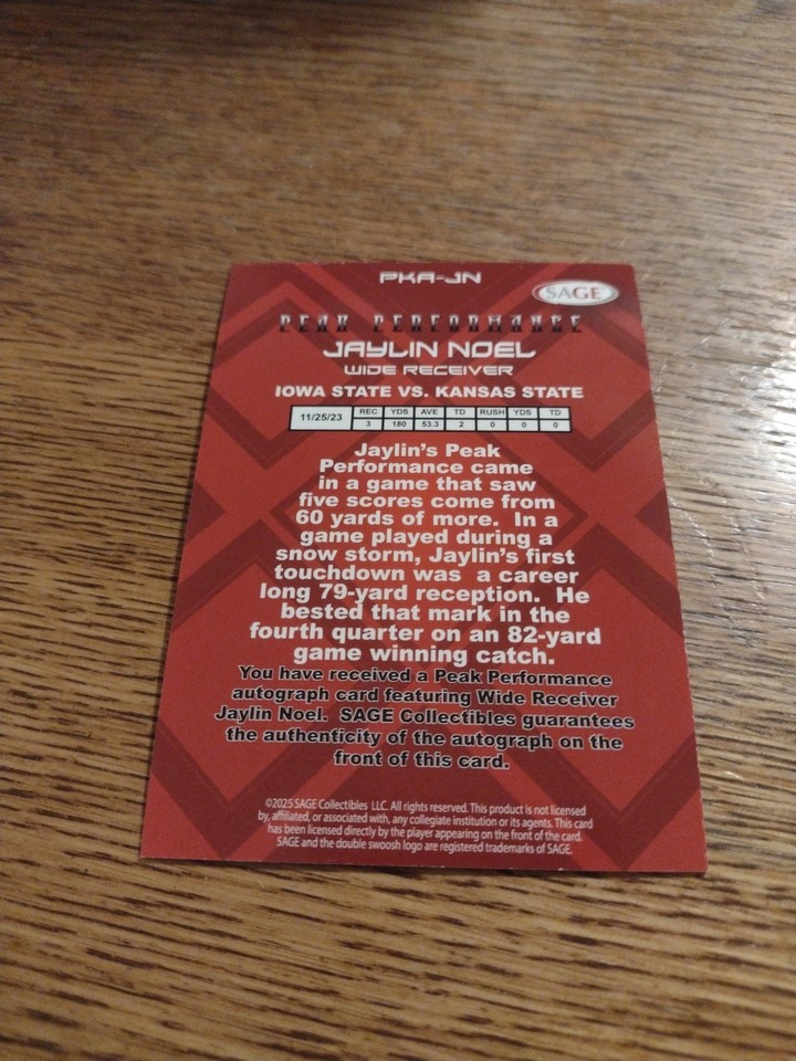 2025 SAGE PEAK PERFORMANCE AUTO OF JAYLON NOEL - IOWA STATE CARD # PKA ...