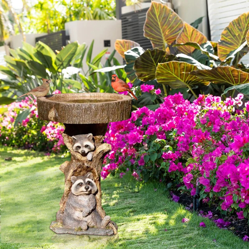 Resin Raccoon Bird Bath Garden Ornament Decor Statue Sculpture Outdoor ...