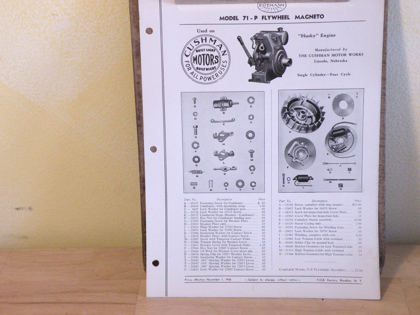 Eisemann MAGNETO Model 71-P Used On CUSHMAN HUSKY ENGINE Parts CATALOG ...