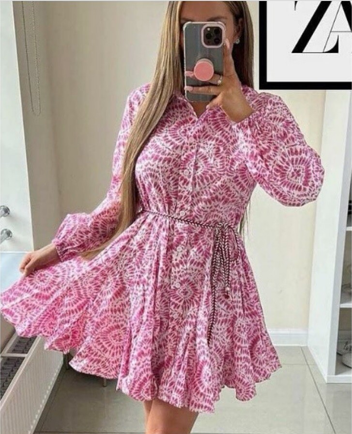 ZARA PINK TIE DYE FLORAL PRINTED MINI SHIRT DRESS VOLUMINOUS RUFFLE ...