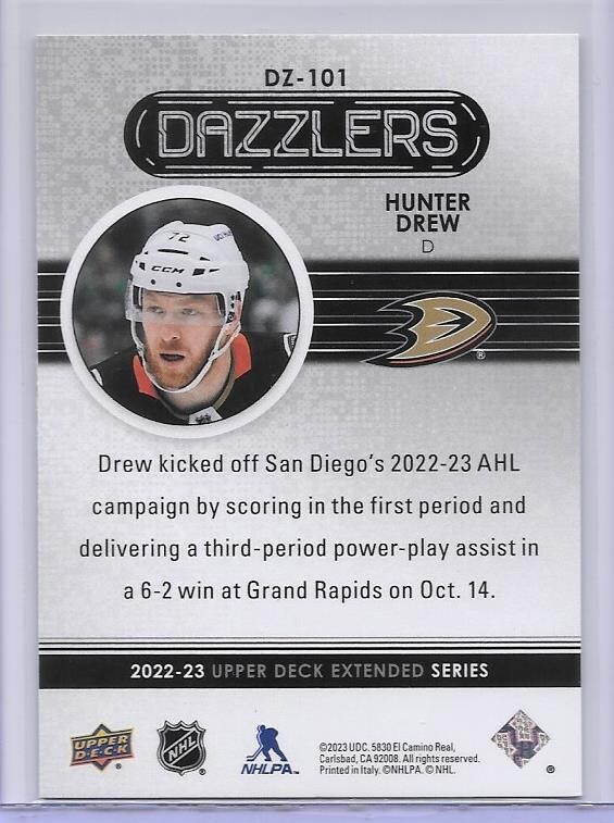 HUNTER DREW 2022-23 UD EXT. SERIES GREEN DAZZLERS SSP INSERT RC/TUCSON ...