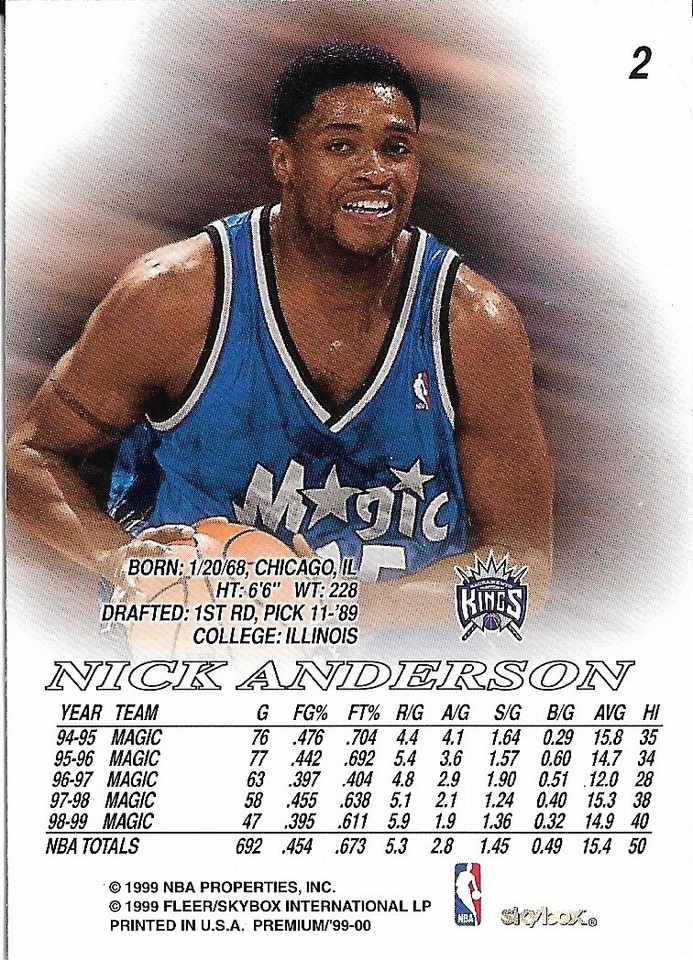 1999-2000 Skybox Premium Nick Anderson 2 Orlando Magic Basketball Card ...