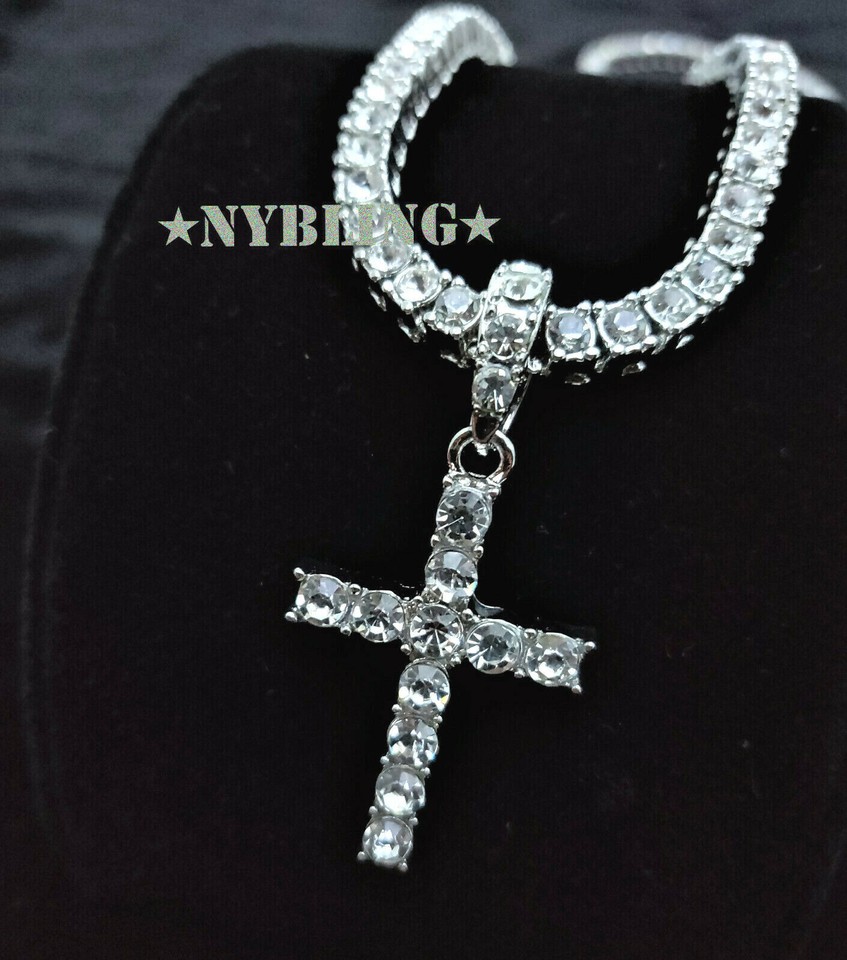 14k Gold Plated Tennis Chain Cross Pendant CZ Choker Necklace ICED ...