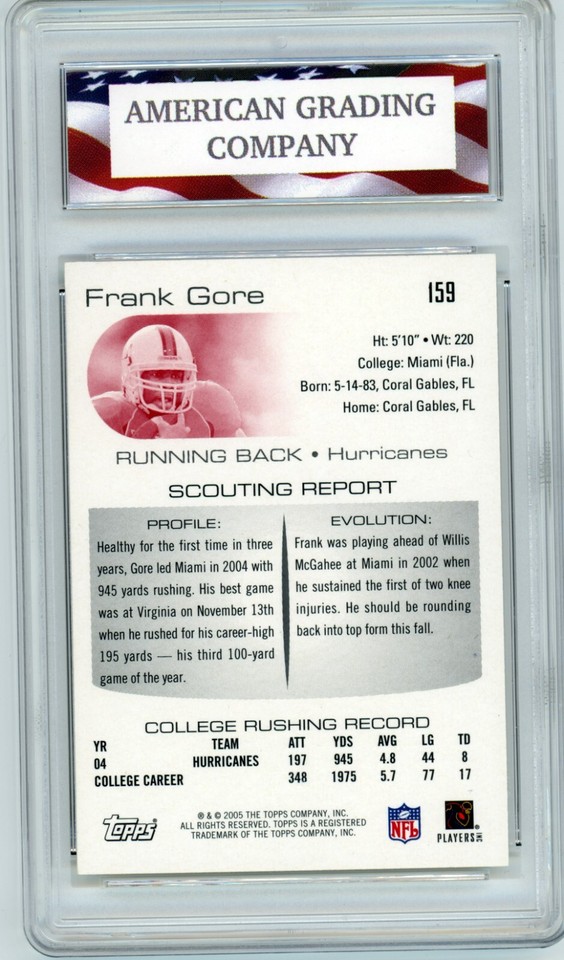 2005 Topps #159 Frank Gore Rookie Card Draft Picks & Prospects AGC 10 ...