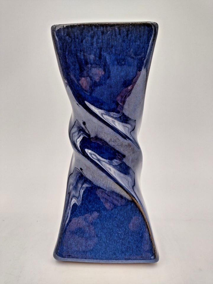 Dark Blue Mottled Rectangle Twist Clay Ceramic Pottery Vase New Old ...