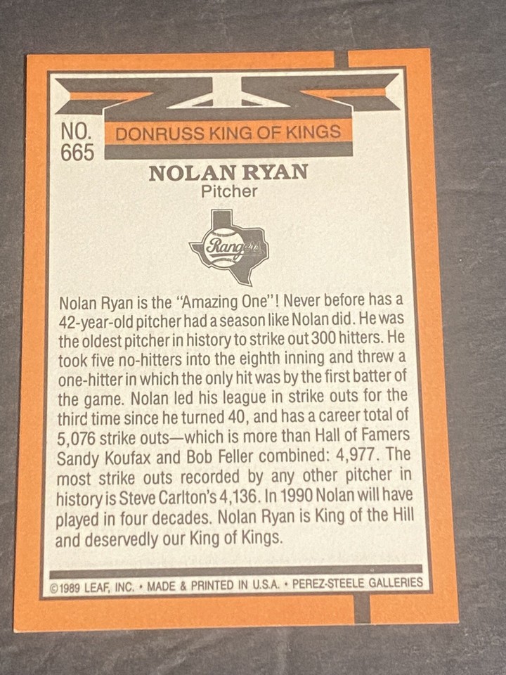 1990 DONRUSS KING OF KINGS #665 NOLAN RYAN RANGERS 5000K's BASEBALL ...