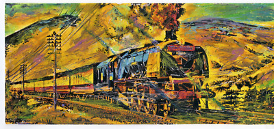 11" Pastel Railroad Steam Locomotive Yellow Landscape Hills Art Drawing ...