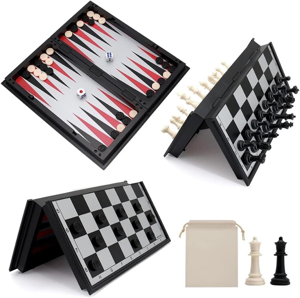 10" Magnetic Chess Sets - 3 in 1 Travel Chess Checkers Backgammon Set ...