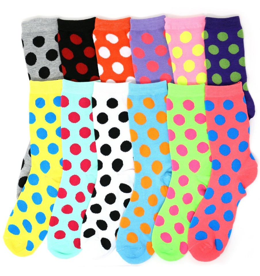 Lot 12 Pack or 6 Pair Women's Cotton Colorful Dots Stripes Argyle Crew ...