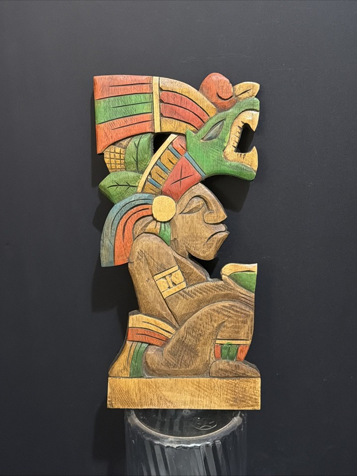 Mexican Hand Carved & Painted Wooded Mayan Aztec 12" Folk Wall Art w ...