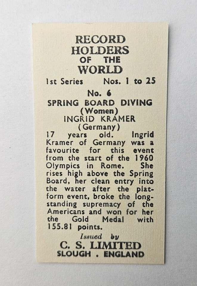 1962 C S Limited Record Holders of the World #6 Ingrid Kramer - Diving ...