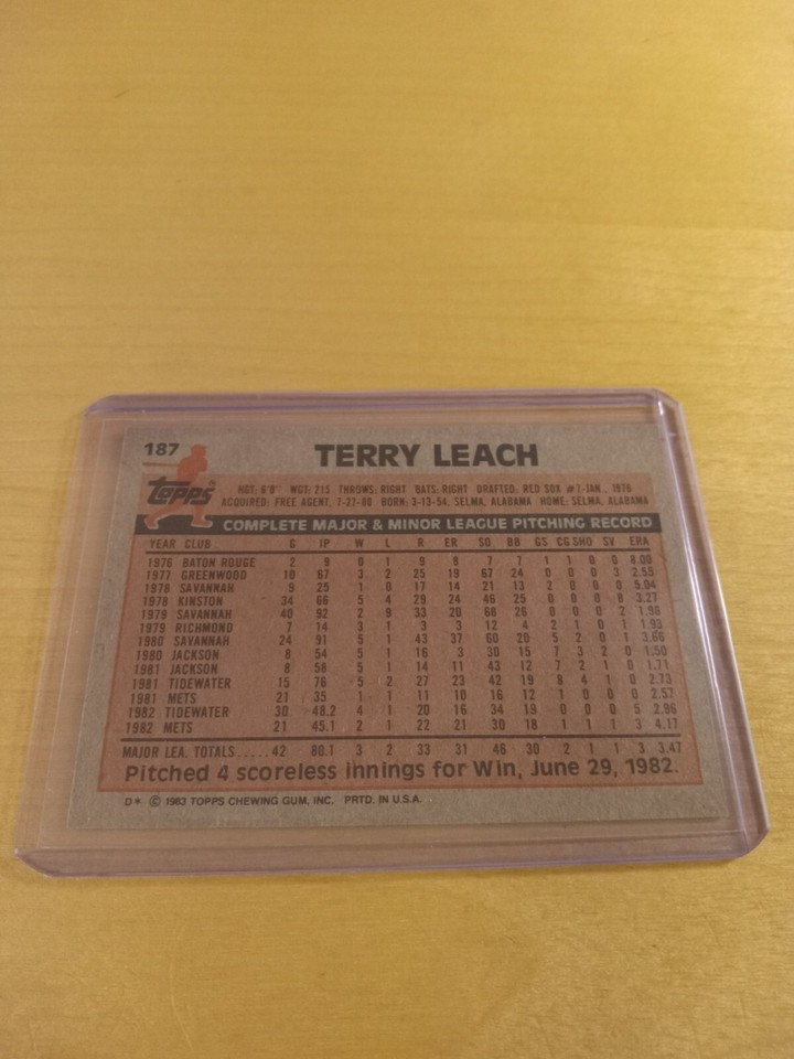 1983 Topps #187 TERRY LEACH New York Mets Baseball Card, Pitcher, Star ...