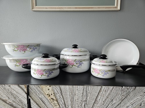 Vintage Enameled Porcelain And Metal Pot SET Iris Floral 6 Piece ...