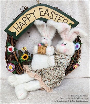 New Easter Spring Wreath Mommy Bunny w Baby BUNNY & FLOWERS "HAPPY ...