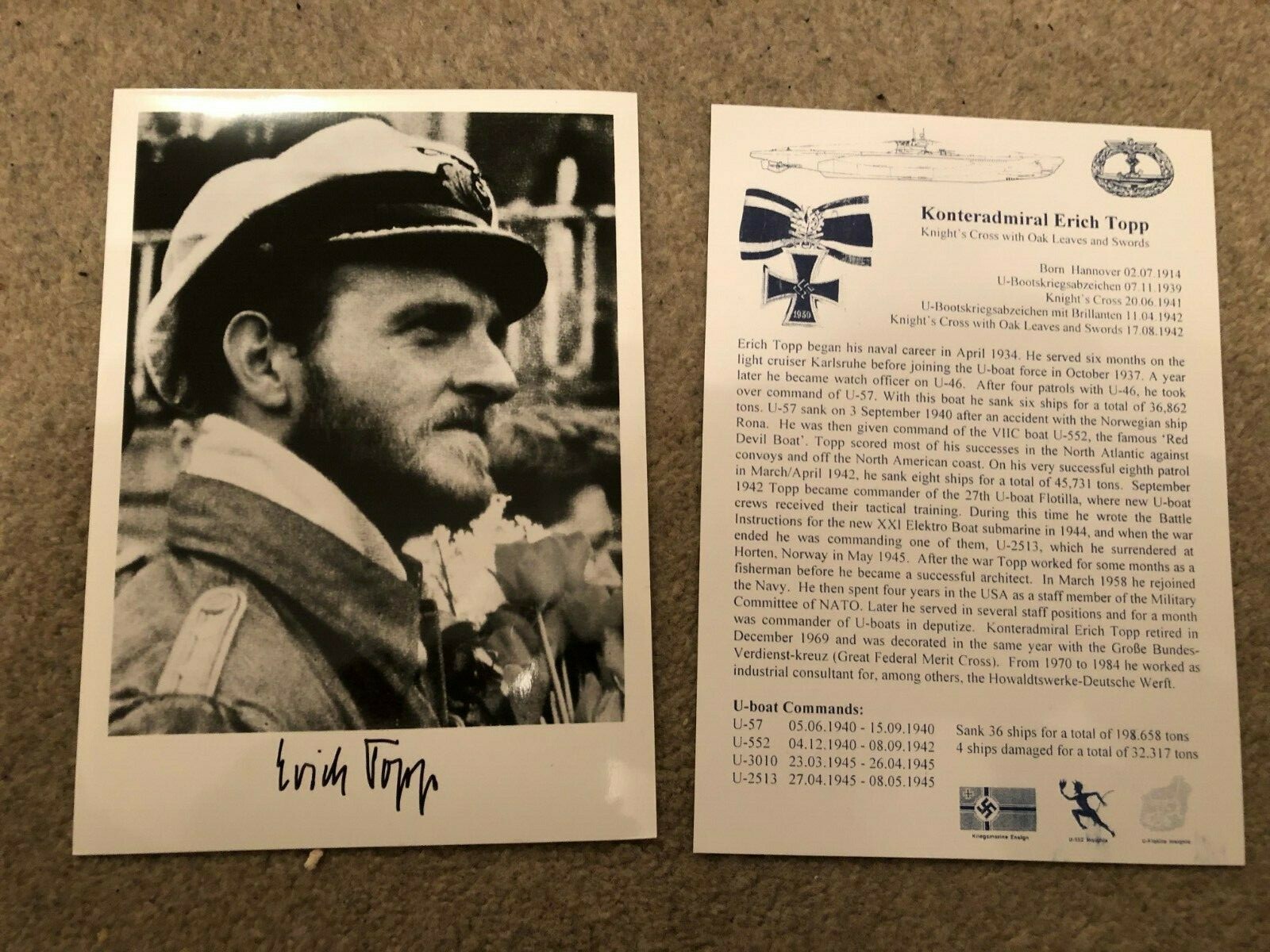 UB1A WWII WW2 U-boat Captain ERICH TOPP KC hand signed photograph | eBay