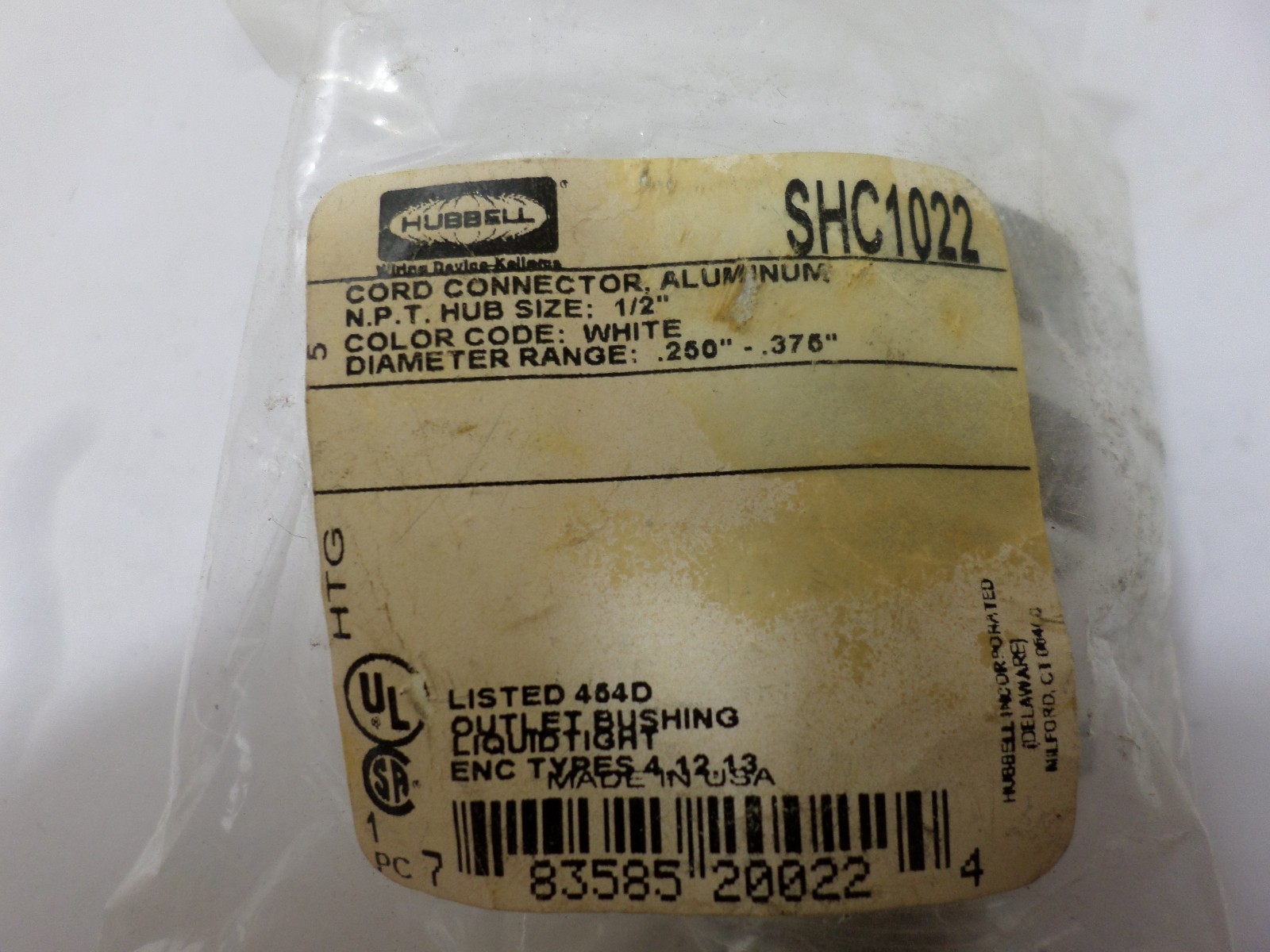 New Surplus Hubbell SHC1022 Cord Connector Aluminum NPT Hub Size 1/2 ...