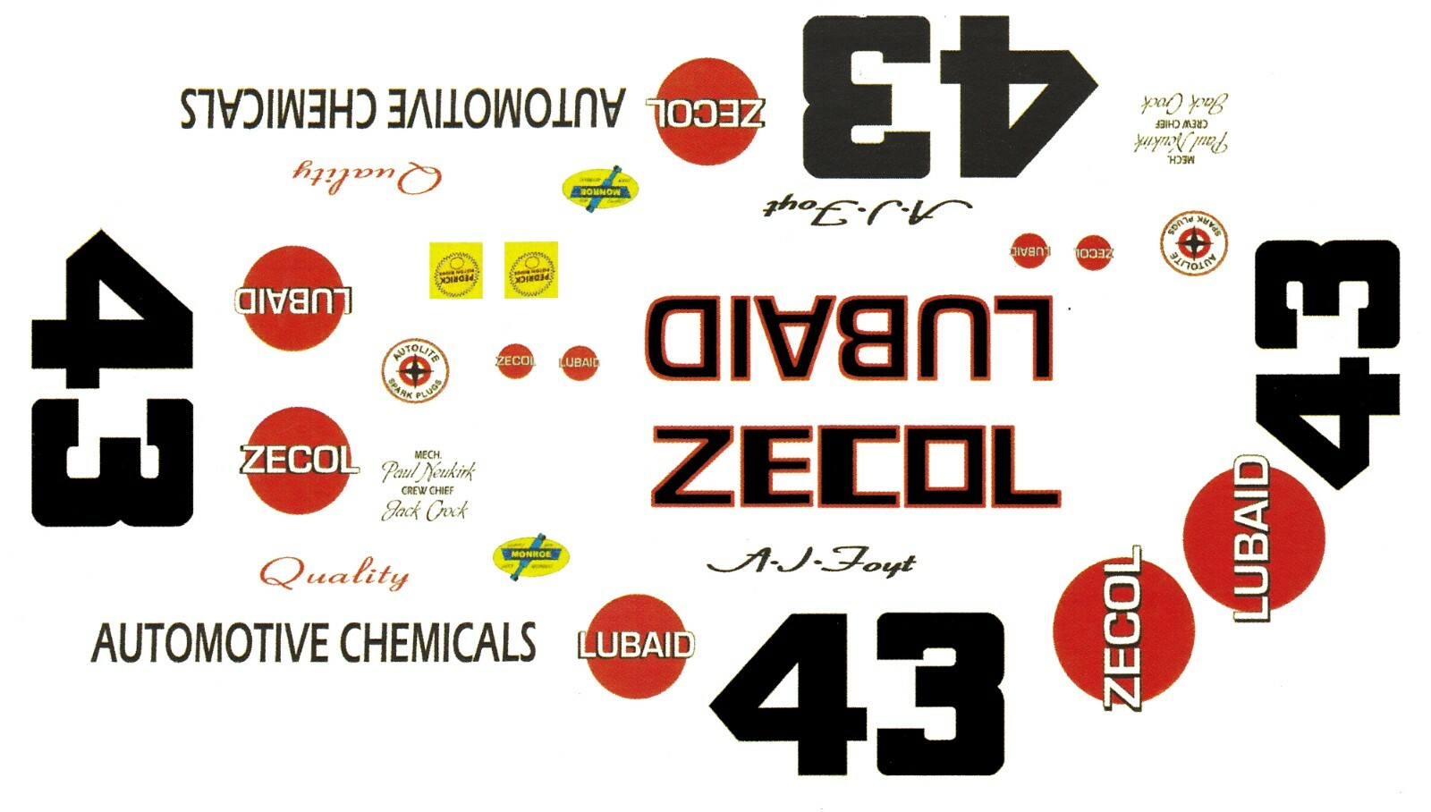 #43 AJ Foyt ZECOL LUBAID 1/18th Scale Nascar Waterslide Decals | eBay